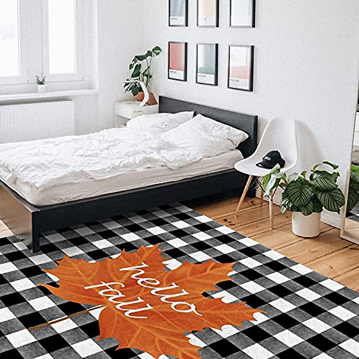 Area Rug for Bedroom Living Room Decor,Thanksgiving Fall Maple Leaves Ultra Soft Non-Slip Accent Rugs Indoor Large Floor Carpet White and Black Buffalo Plaid Non-Shedding Nursery Floor Mat,60x82in