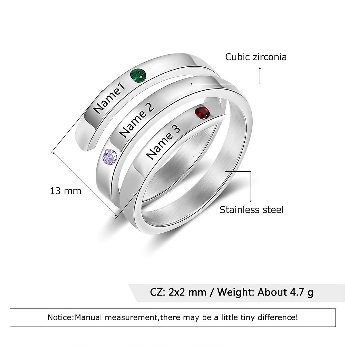 LanM Personalized Mothers Rings for 3 Birthstones BFF Wrap Name Rings for Women Promise Rings for Her Free Engraving Sisters Friends Rings for Girl Mother Day Gift