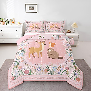 Erosebridal Floral Animal Toddler Kids Bedding Set - Cute Sika Deer Squirrel Comforter Set Twin Size for Teen Girls Woodland Animal Cartoon Fairytale Bed Comforter Set Safari Quilted Duvet Set 2Pcs