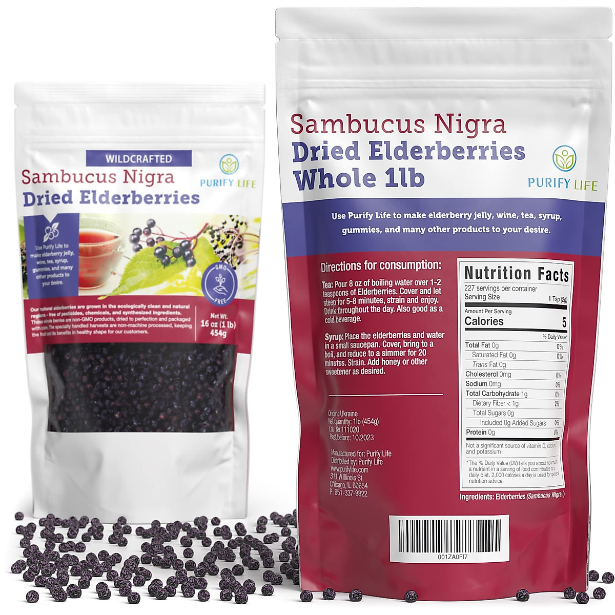 Dried Elderberries - 1lb Bulk - Hand-Sorted, Wildcrafted, Natural, Non-GMO, Whole European Immune System Support For Black Elderberry Syrup, Gummies, Jelly, Tea, Wine, Raw Sambucus, One Pound