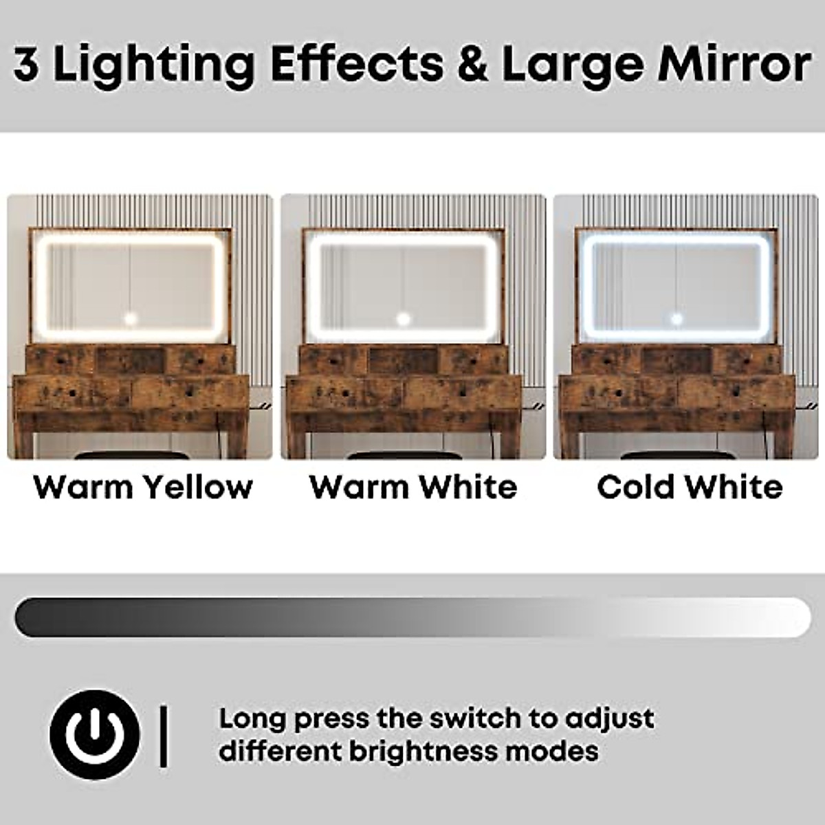 LIKIMIO Vanity Desk with LED Lighted Mirror & Power Outlet & 4 Drawers, Dressing Makeup Table Set with Storage Stool and Hair Dryer Stand, Vintage Brown