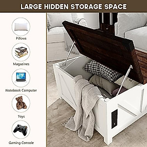 jimeimen Farmhouse Lift Top Coffee Table with Storage, Wood Square Center Table with Charging Station&USB Ports, Living Room Central Table w/Large Hidden Space, for Living Room, Bedroom, Home Office