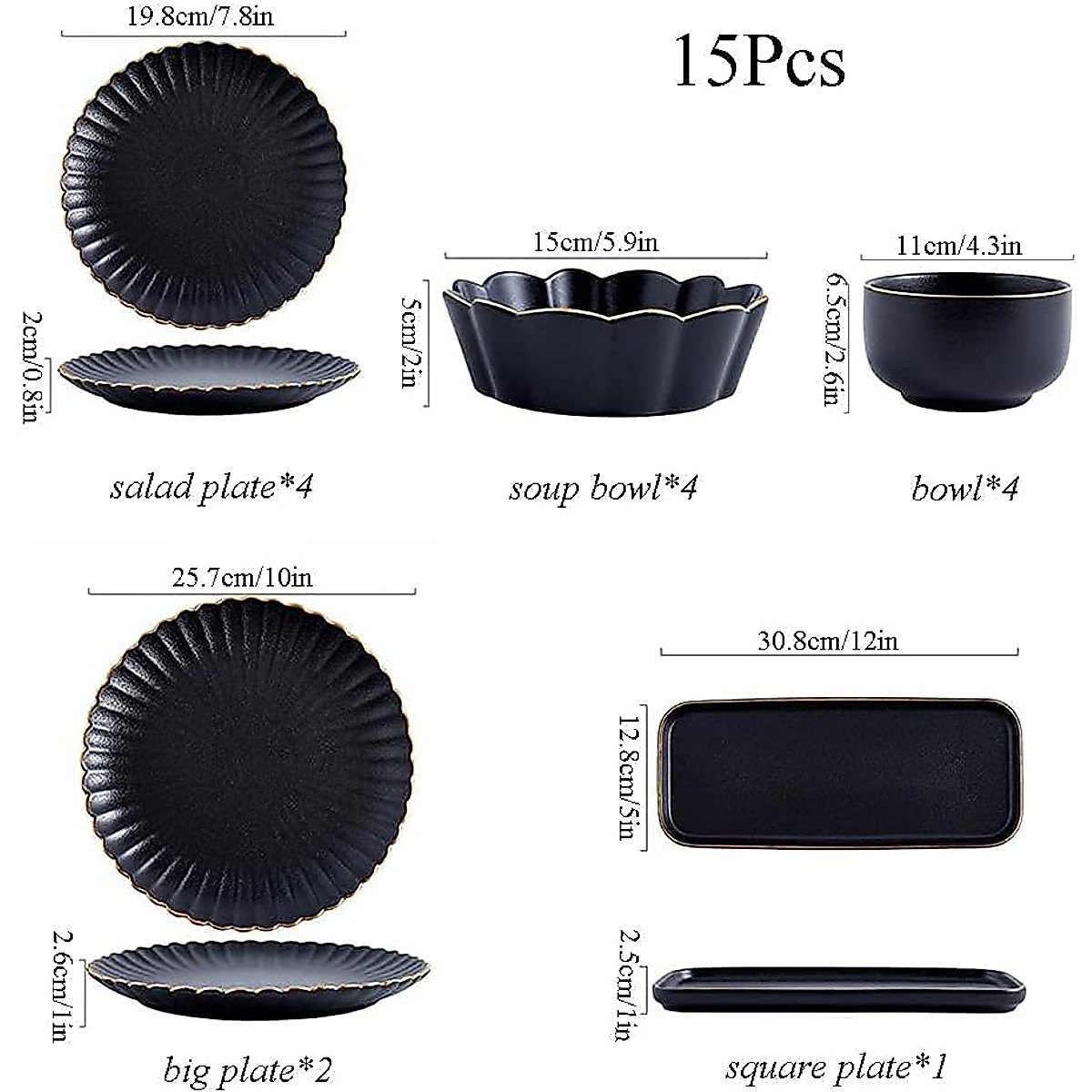GagalU Party DinnerwareKitchen Tableware Set,Ceramic Dinnerware Set, 15 Pcs Matte Black Retro Plates and Bowls Set- Irregular Edge Dinner Sets, Service for 4
