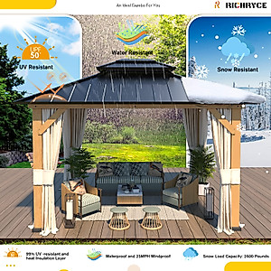 RICHRYCE 11' x 13' Solid Wood Gazebo, Hardtop Gazebo Plastic Sprayed Metal Roof Outdoor Gazebo Canopy Double Vented Roof Pergolas Wood Frame with Netting and Curtains for Garden, Patio, Lawns, Parties