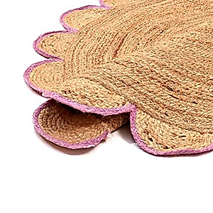 4x4, 5x5, 6x6, Natural Jute Scallop Round Rug, Floor Pink Scalloped Edge Rug Braided Boho Eco Large Circular Handmade Area Rugs (4x4 FT)