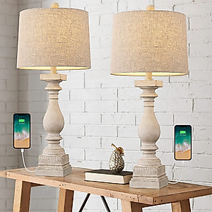 BOBOMOMO 27" Table Lamp with USB C+A Charging Ports Set of 2 Antique Nightstand Lamp for Bedroom Living Room Farmhouse Office Retro Rustic Resin Bedside Desk Lamps Washed White