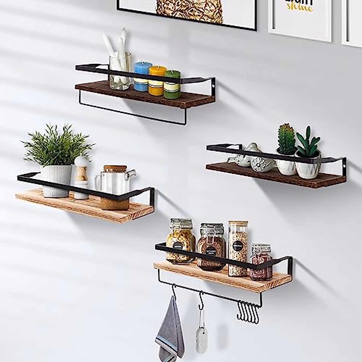 AGM Floating Shelves, Bathroom Floating Shelf Set of 2, Carbonized Black Wall Storage Shelf with Towel Bar, Wall Mounted Shelves for Plants, Book, Bathroom, Bedroom, Kitchen, Living Room Decoration