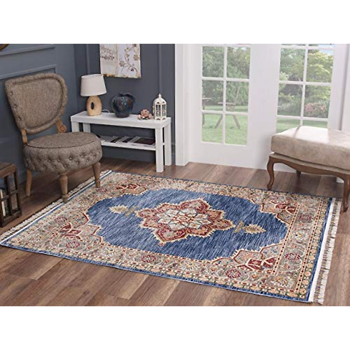 LUXE WEAVERS Otika 8694 Modern Oriental Premium Blue Area Rug 8x10, Geometric Fringe Rug