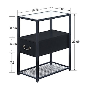 VECELO Tall End Side Tables Living Room Modern Narrow Nightstand with Drawer and Shelf for Bedroom Office,Tempered Glass, Black