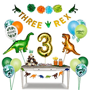 Three Rex Birthday Party Decorations - 3 rex birthday decorations boys w/ 2 dinosaur birthday banner - three rex balloons - 3rd birthday decorations for boys - three rex birthday party decorations boy