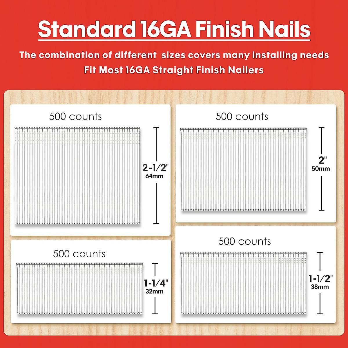 SHALL 16 Gauge Finish Nails, 2000-Count (1-1/4, 1-1/2, 2, 2-1/2 Inch) 16GA Galvanized Finishing Nails Assorted, Nail Gun Nails & Small Finishing Nails Assortment for Pneumatic, Electric Finish Nailer