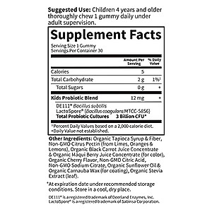 Garden of Life Probiotics for Kids, Cherry Flavor Gummies - Sugar Free Once Daily Kids Probiotic Gummies, 3 Billion CFU Probiotics Plus Fiber for Digestive & Immune Health, 30 Vegetarian Gummies