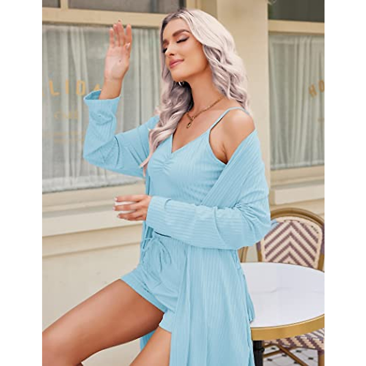 Ekouaer 3 Piece Lounge Sets for Women Cami Shorts Pajama Set with Belted Robe Matching Loungewear Light Blue