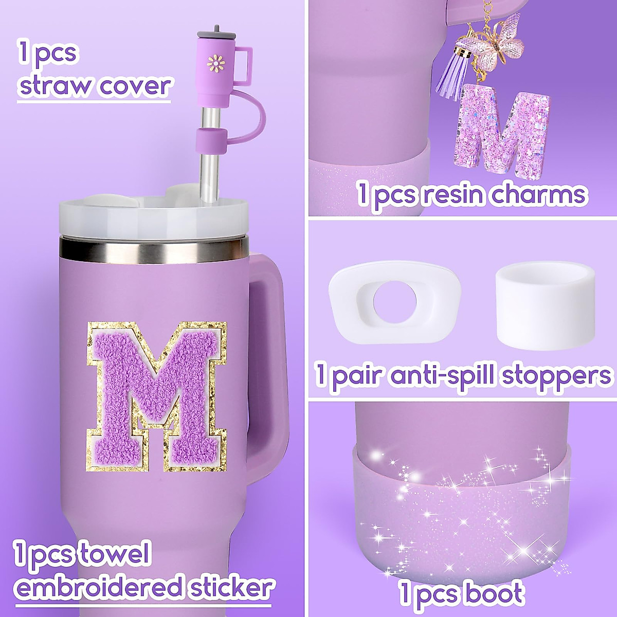 Mity rain 6PCS Cup Accessories Set for Stanley Cup 30oz 40oz tumbler with handle, Including Silicone Straw Topper Cover Cap and Boot, Spill Proof Stopper, Handle Charm, Initials Sticker (Letter M)