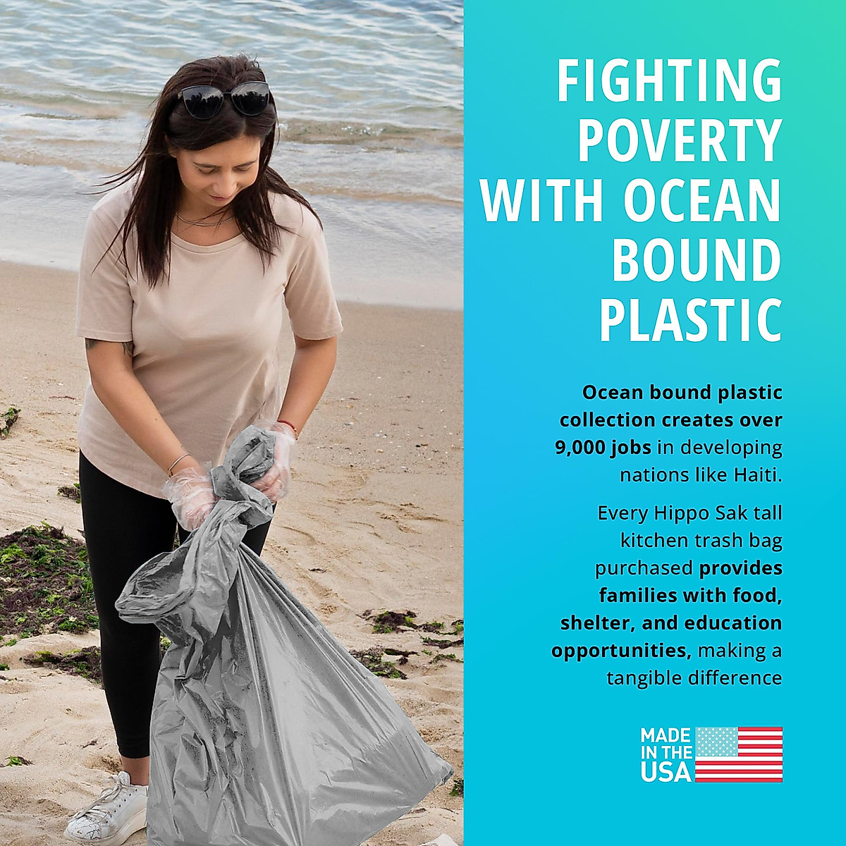 Hippo Sak - Tall Kitchen Garbage Bags with Ergonomic Handles - 13 Gallon Trash Bags Made from Recycled Ocean Bound Plastic - Super Strong and Leak Proof Tall Kitchen Trash Bags (45 Count)