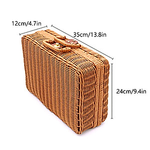 MSUIINT Rattan Storage Basket, Retro Wicker Suitcase, Willow Handwoven Receiving Bins with Handles, Straw Seaweed Makeup Organizer, Vintage Crossbody Bags Container Womens Handbag, 13.8x9.4x4.7 inch