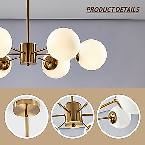 KCO Lighting 6-Light Globe Sputnik Chandelier Milk Glass Modern Gold Chandelier Light Fixture Mid Century Sputnik Chandeliers Pendant Lighting Brushed Brass Chandelier (Gold+White)