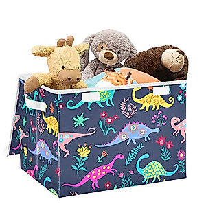DOMIKING Lovely Dinosaur Toy Storage Trunk with Lid Collapsible Storage Box Organizer with Handles for Shelves Cabinet Nursery Drawer