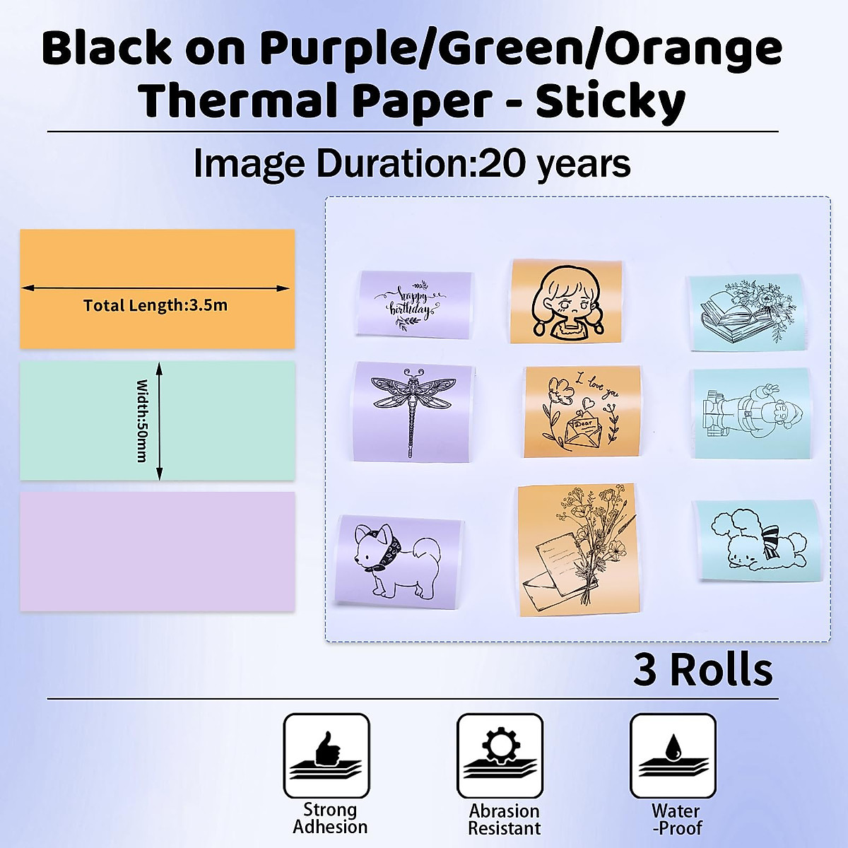 Ponek T02 White Self-Adhesive Paper, Black On White Paper, 50mm x 3.5m, 3 Rolls, Keep for 10 Years and T02/M02X/M02L Purple/Green/Orange Thermal Paper-20-Year Sticky 50mmx3.5m for Journal, 3 Rolls