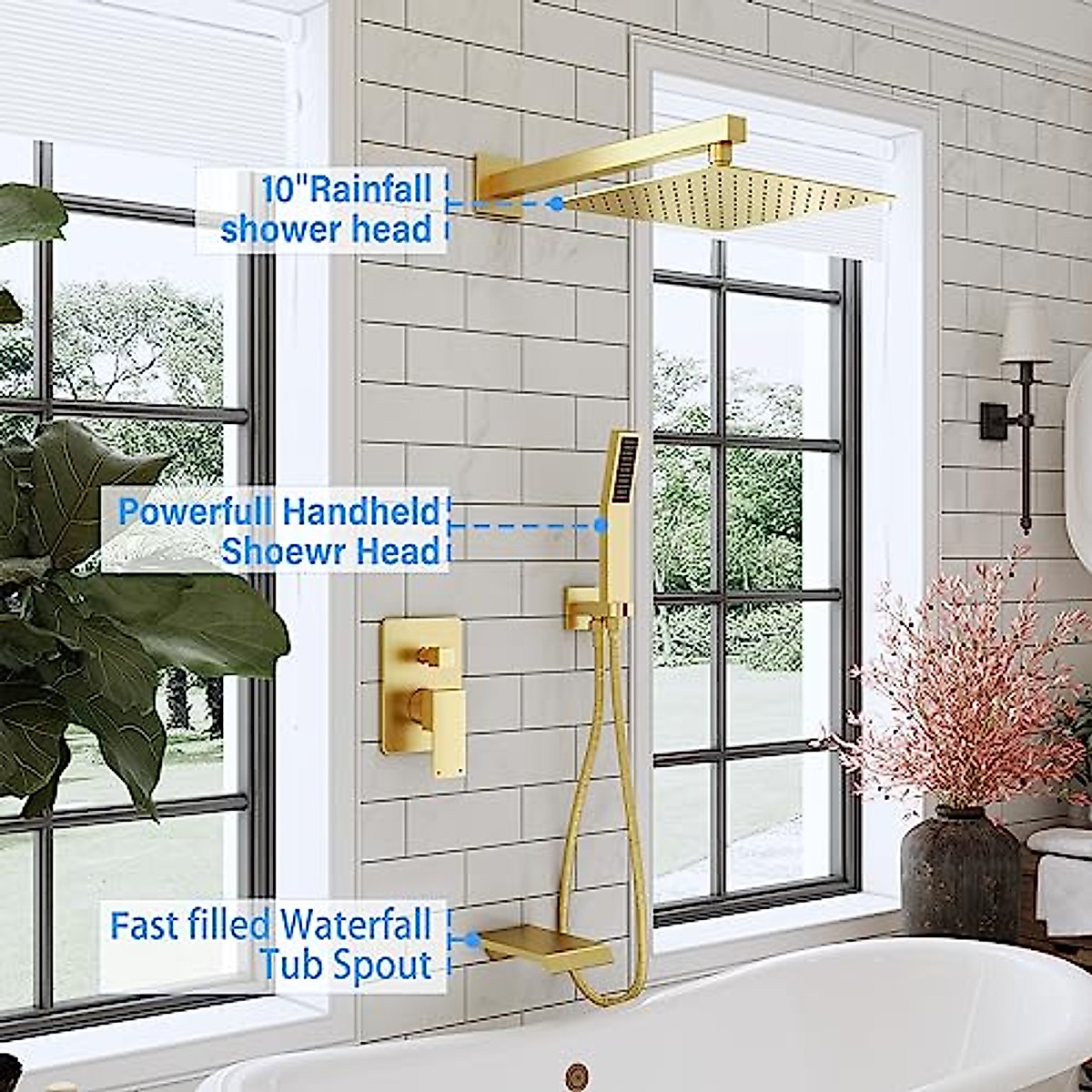 HomGoo Shower System with Tub Spout, Shower Faucet Set with 10-Inch Rain Shower Head, Handheld Shower head and Shower Faucet Trim valve, Wall Mounted Bathroom Shower Combo Set,Gold