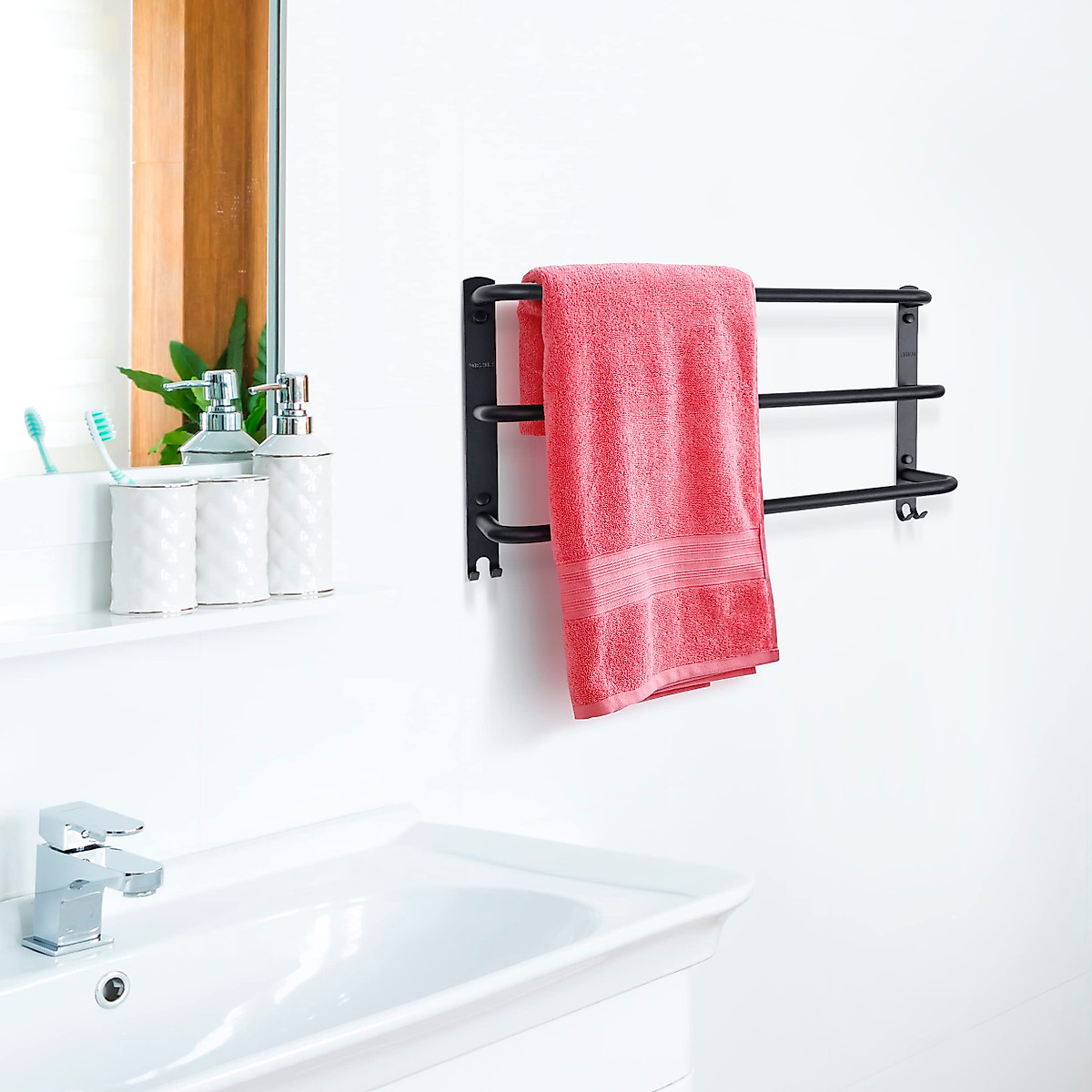 7Penn Bath Towel Bar - Stainless Steel Matte Black 3-Tiered Ladder Wall Mounted Bathroom Towel Rack with Hanging Hooks