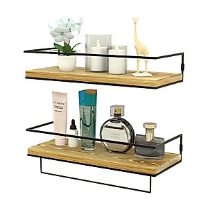 ZGO Floating Shelves for Wall Set of 2, Wall Mounted Storage Shelves with Metal Frame and Towel Rack for Bathroom, Kitchen, Bedroom(Wood)