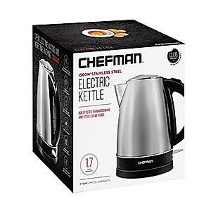 Chefman Stainless Steel Electric Kettle Quickly Heats Water, Separates from Base for Cordless Pouring, Auto Shut Off Boil Dry Protection, BPA-Free Interior & Cool-Touch Handle, 1.7 Liter/1.8 Quart