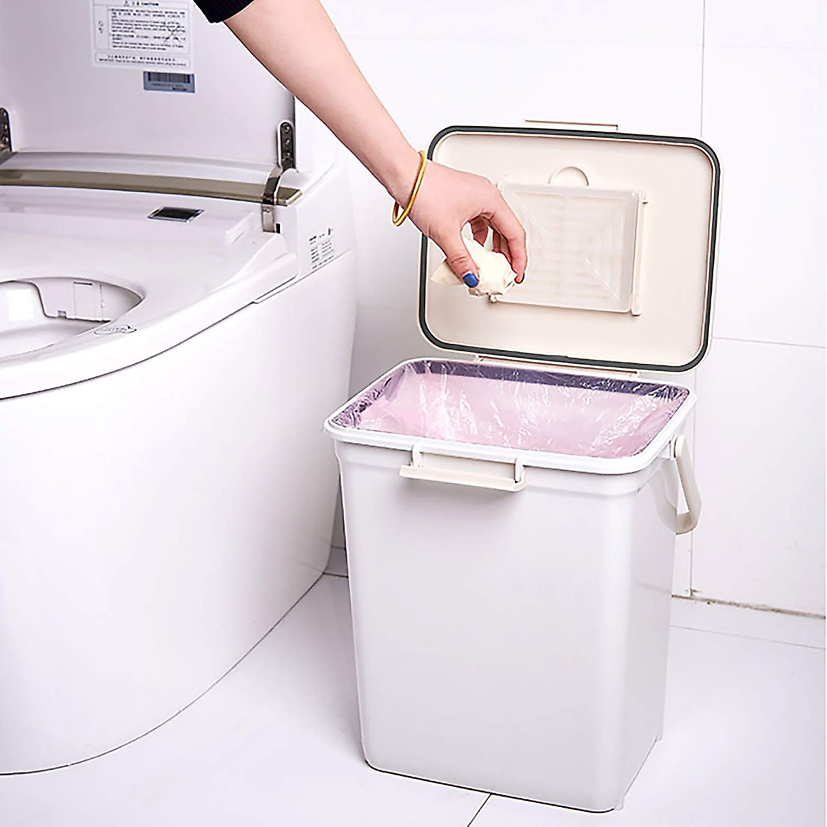 QWEASDF Portable Sealed Trash Can with Lock Cover Handles Deodorant Storage Compartment Pressure Ring Design Plastic Garbage Can for Kitchen and Household Waste Bin,Khaki