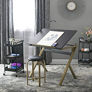 SD STUDIO DESIGNS Stellar 36" Wide Craft/Drawing Table with Adjustable Top and Padded Stool Set, Gold/Black