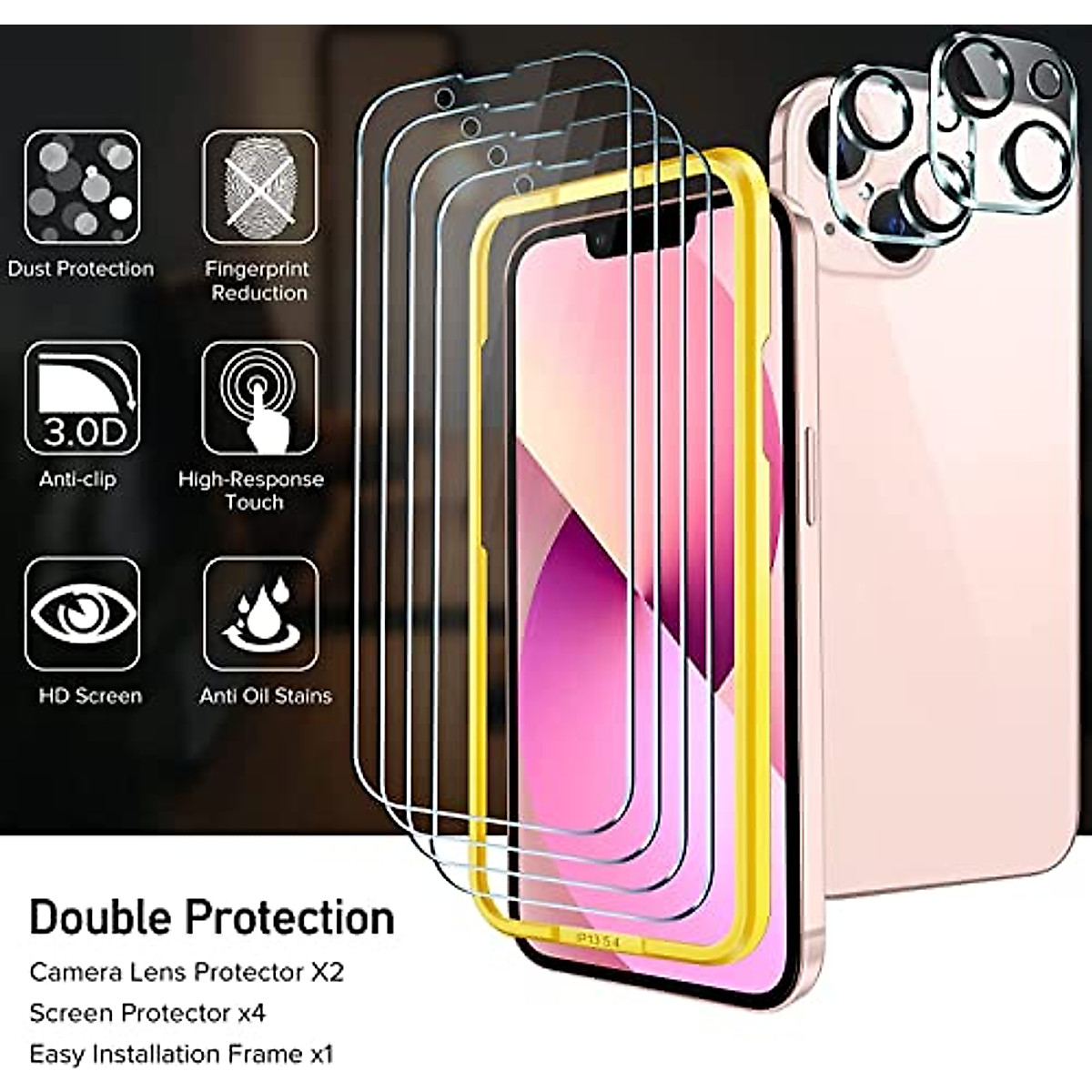 ivoler [4+2 Pack] Tempered Glass for iPhone 13 6.1 inch [4 Pack] with [2 Pack] Camera Lens Screen Protector with [Alignment Frame], Anti-Scratch Case Friendly Transparent HD Clear Film