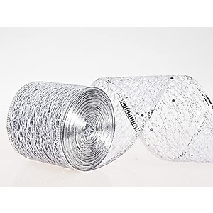 YASEO Silver Sparkling Glitter Mesh Ribbon, Christmas Wired Edge Ribbon for Home Decor and Xmas Tree, 2.5 Inches x 10 Yards