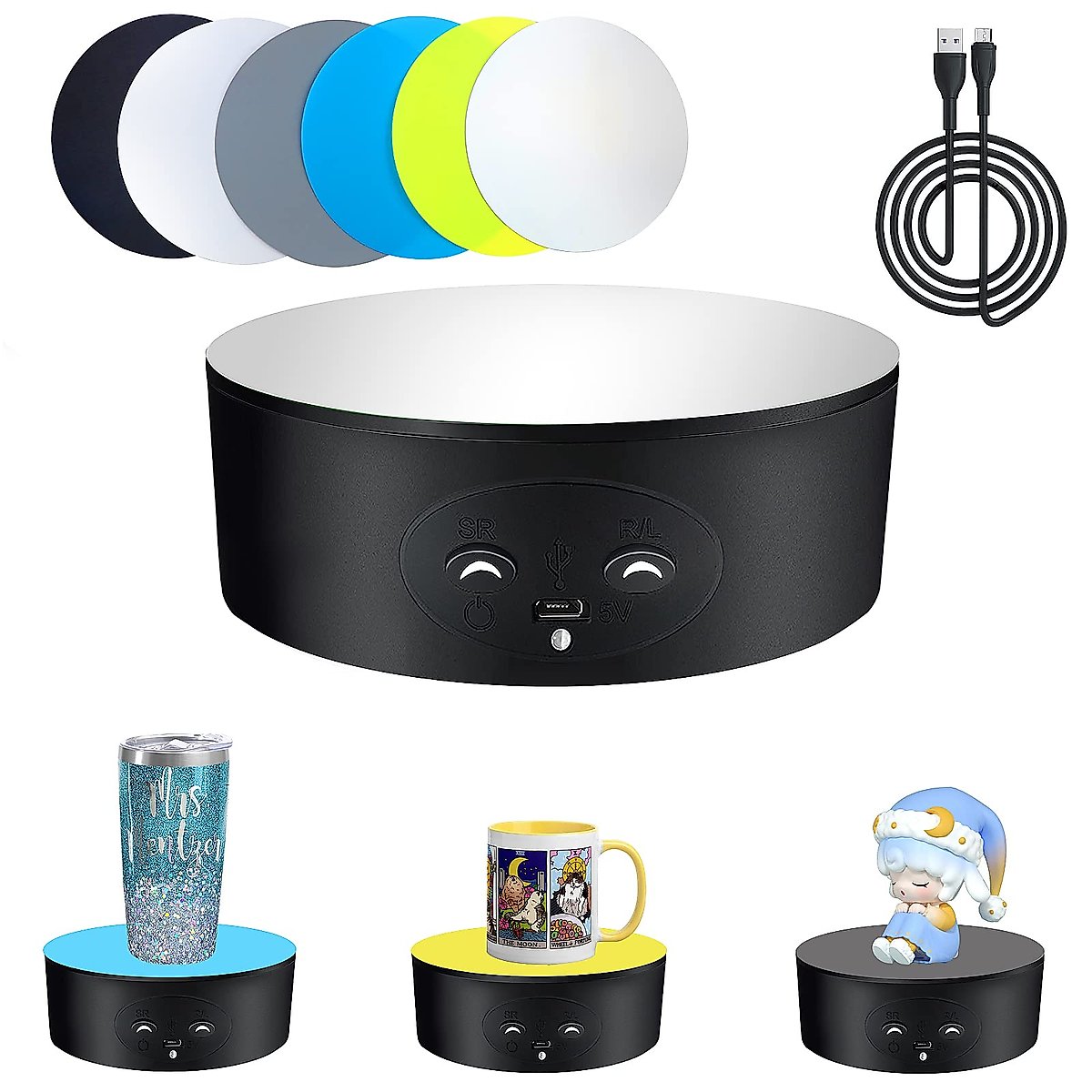 Riomh Rotating Display Stand, 360 Degree Automatic Mute Spin Turntable for Photography Display, Shooting Videos, Figures and Collections Display (Black)
