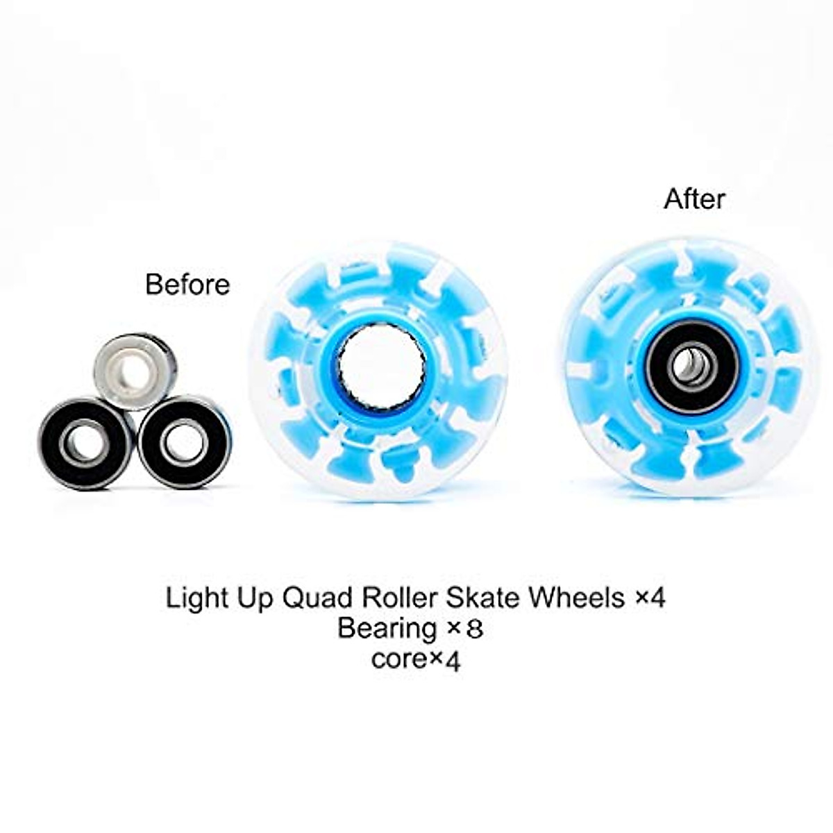 IKevan 4PCS Light Up Quad Roller Skate Wheels 32mm x 58mm, Luminous Light Up Quad Roller Skate/Skateboard Wheels with Bearings Installed (Multicolored)