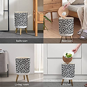 Small Trash Can with Lid Seamless Leopard Fur Fashionable Wild Leopard Print Modern Panther Wood Legs Press Cover Garbage Bin Round Simple Human Waste Bin Wastebasket for Kitchen Bathroom Office