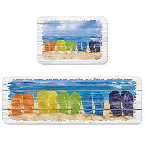 ZOE GARDEN 2 Pcs Kitchen Rug Set, Blue Sky Colorful Flip Flops Non-Slip Kitchen Mats and Rugs Comfort Floor Door Mat Doormat, Abstract Vintage Beach Throw Bath Runner Rug Mat