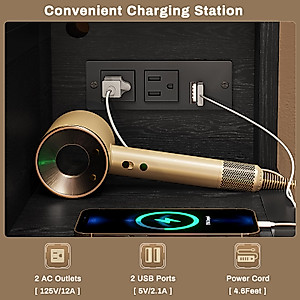 BTHFST Makeup Vanity with Lights and Charging Station, Black Vanity Desk with Mirror and Lights, Makeup Table with 5 Drawers and Shelves, Vanity Mirror with Lights Desk, Black Wood Grain