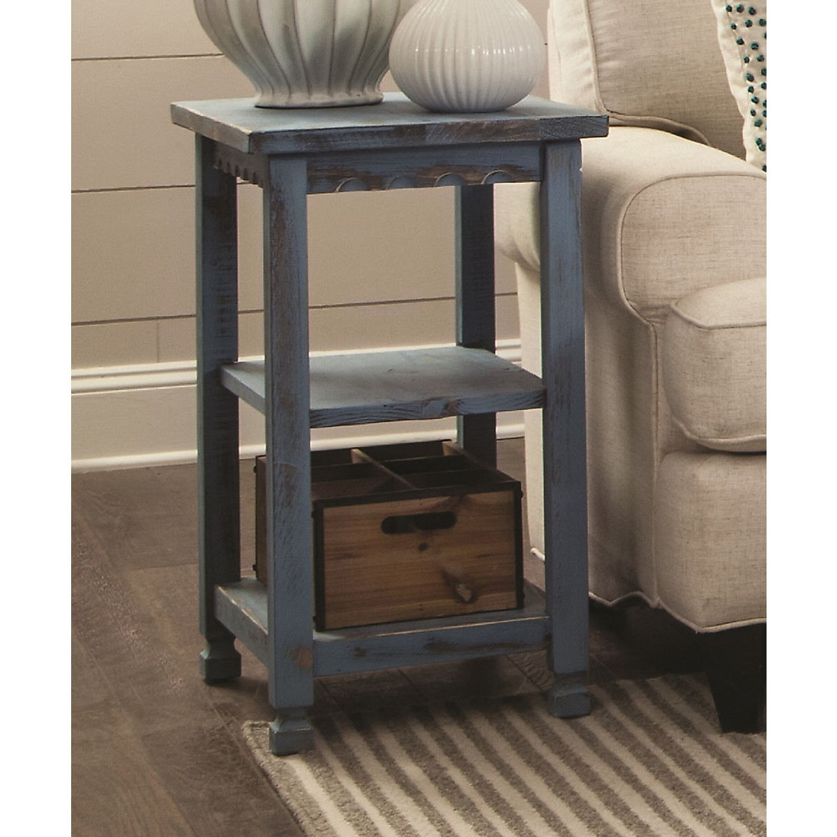 Rustic Cottage End Table with 2 Shelves - Farmhouse Style | 15D x 20W x 27H in | Select Hardwoods for Durability | Square, Turned Legs | Wipe Clean | Blue Finish | Living Room Furniture