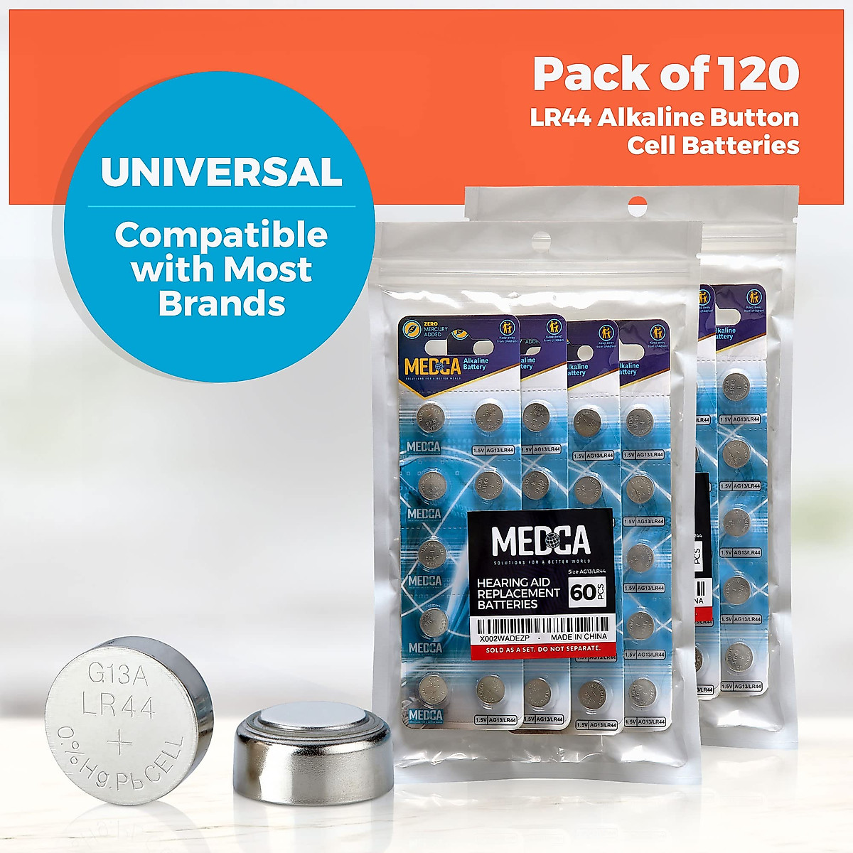 LR44 Batteries - 120 Count Pack - 1.5V Alkaline AG13 357 303 SR44 Battery Button Coin Cell Batteries for Hearing Aids and Hearing Amplifiers