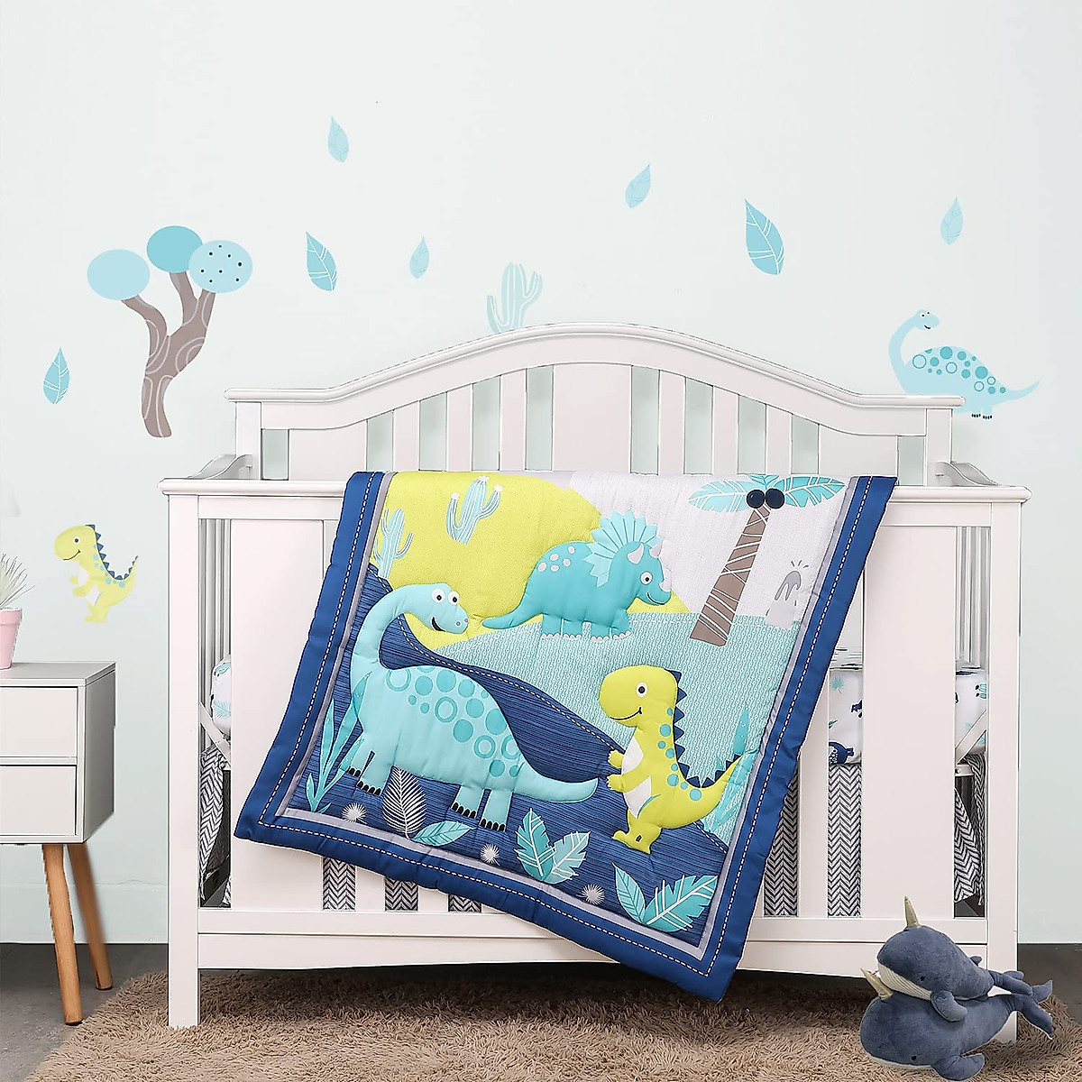 HUPO 4 PC Dinosaur Crib Bedding Sets for Baby Boys,Yellow/Navy Blue Nursery Crib Set Including Crib Skirt/Crib Quilt/2 Crib Sheet