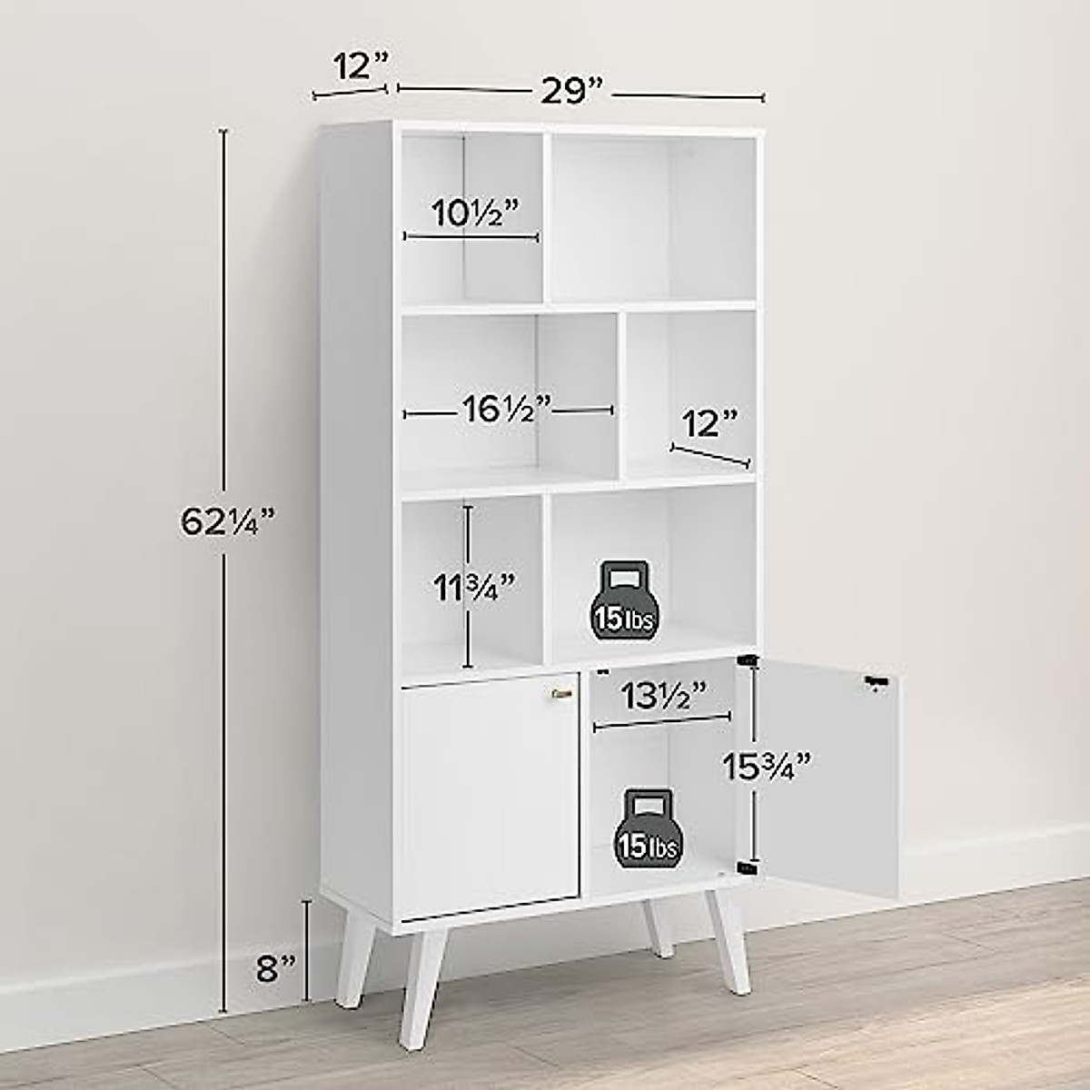 Prepac Milo Mid-Century Modern Bookcase with Six Shelves, Two Doors, and Brushed Brass-Finished Knobs