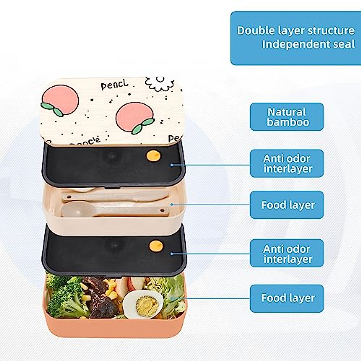 Peachy Cutie Adult Lunch Box, Bento Box, With Cutlery Set Of 3, 2 Compartments, Rectangular, Lunch Box For Adults