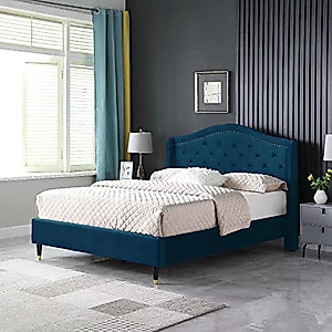 Morden Fort Blue Velvet Bed Frame Wood Platform, Upholstered Platform Bed with 51” Headboard, Heavy Duty Bed Frame with Wood Slat Support, No Box Spring Required, Easy Assembly, California King
