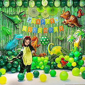 GoGoGoodie Dinosaur Party Decorations-Three Rex Jurassic World Park Themed Birthday Decorations Green Balloons Arch Garland Kit Dino Foil Balloons HAPPY BIRTHDAY Banner Paper Fan Curtains for Boys