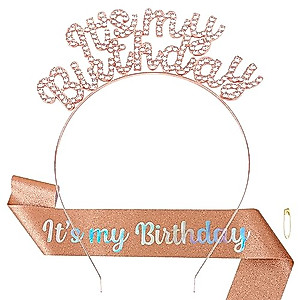BAHABY Birthday Crowns for Women, It's My Birthday Sash & Birthday Headband Set Princess Birthday Sash and Rhinestone Tiara Birthday Gifts for Women Girls Sweet Happy Birthday Accessories for Party- Rose Gold