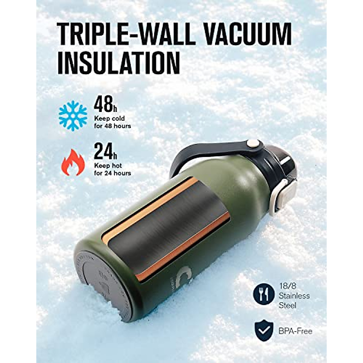 40 oz Water Bottle insulated, Cooplus Stainless Steel Water Flask with 2 Covered Auto Straw Lids, Metal Leakproof Bottle with Handle, Keep Cold 48h Hot 24h for Outdoor or Sports,Green