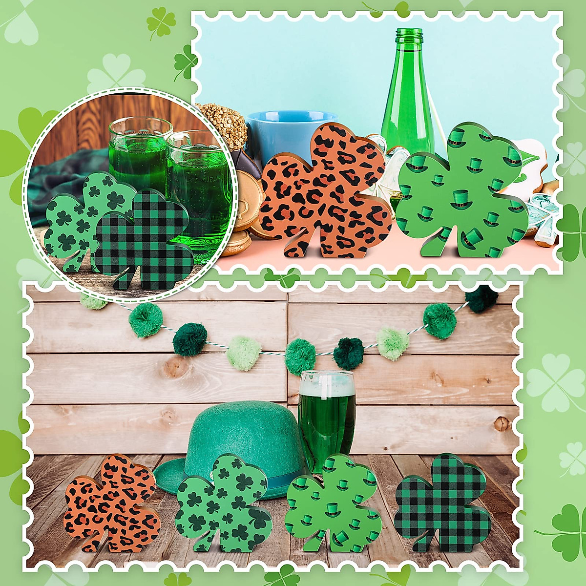 4 Pieces St Patricks Day Table Wooden Signs Shamrock Wooden Signs St. Patrick Table Decorations Irish Lucky Table Centerpiece for Home Fireplace Tiered Tray Decor (Cool Style)