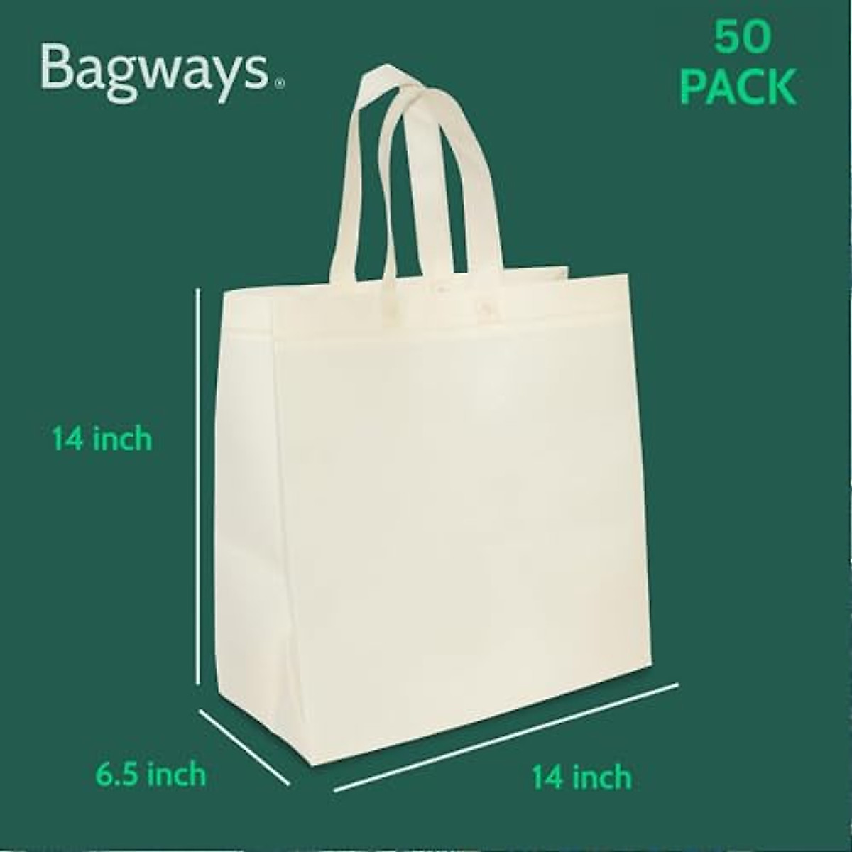 Bagways 10 PACK Reusable Grocery Bags with Handles, Durable, Foldable, Washable Eco-Friendly Shopping Totes, 14x6.5x14 Inch, Cream