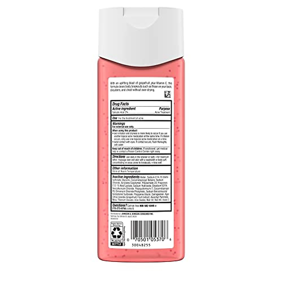 Neutrogena Body Clear Acne Treatment Body Wash with 2% Salicylic Acid Acne Medicine to Prevent Body Breakouts, Pink Grapefruit Shower Gel for Back, Chest & Shoulders, Vitamin C, 8.5 fl. oz
