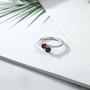 Gem Stone King 925 Sterling Silver Red Rhodolite Garnet and Blue Sapphire Bypass Ring For Women (0.96 Cttw, Gemstone January Birthstone, Round 4MM, Available In Size 5, 6, 7, 8, 9)