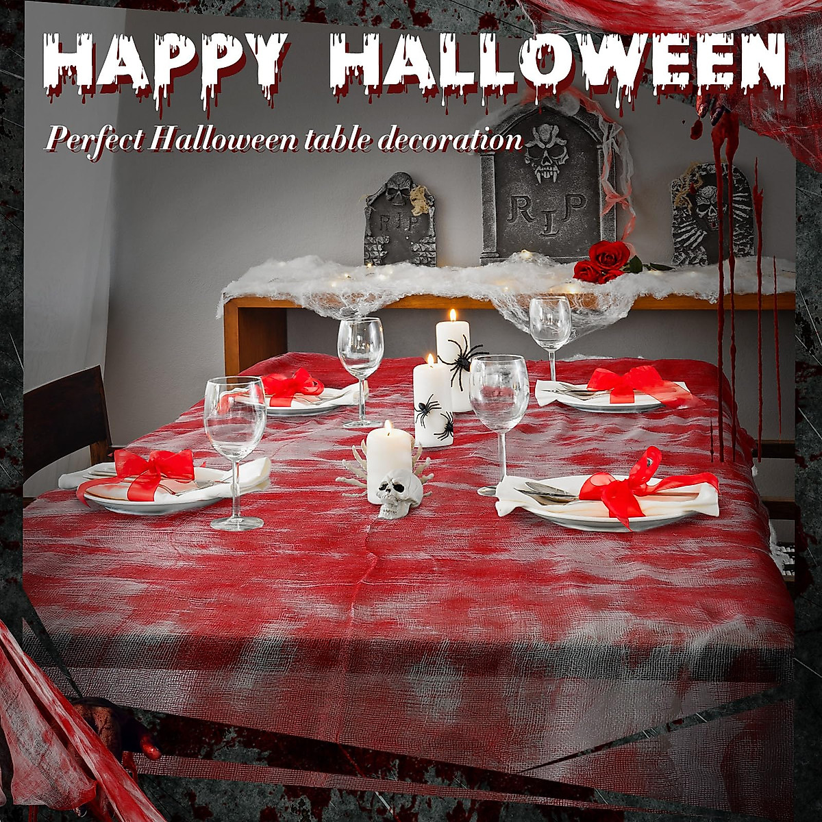 Oudain 7 Pcs Halloween Bloody Gauze Tablecloth and Placemats Set 85" x 60" Horror Spooky Rectangle Table Cover and 6 Pcs Scary Table Mats for Halloween Haunted Zombie House Party Decoration